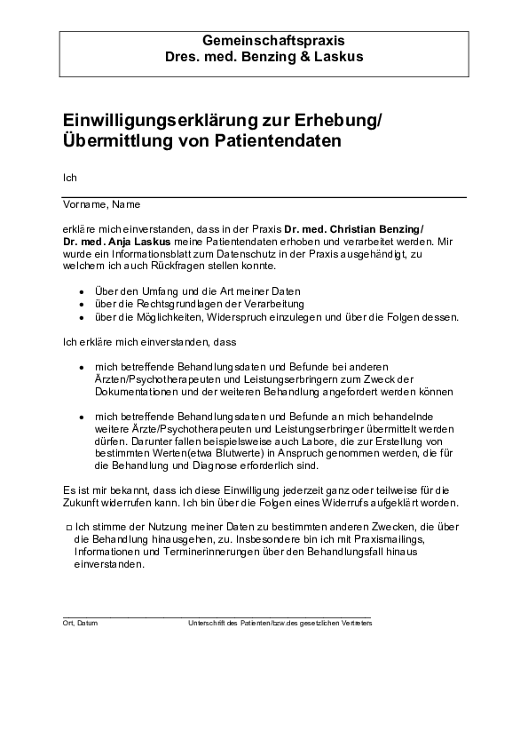 Einwilligungserklärung zur Erhebung/ Übermittlung von Patientendaten | Villingen-Schwenningen ...